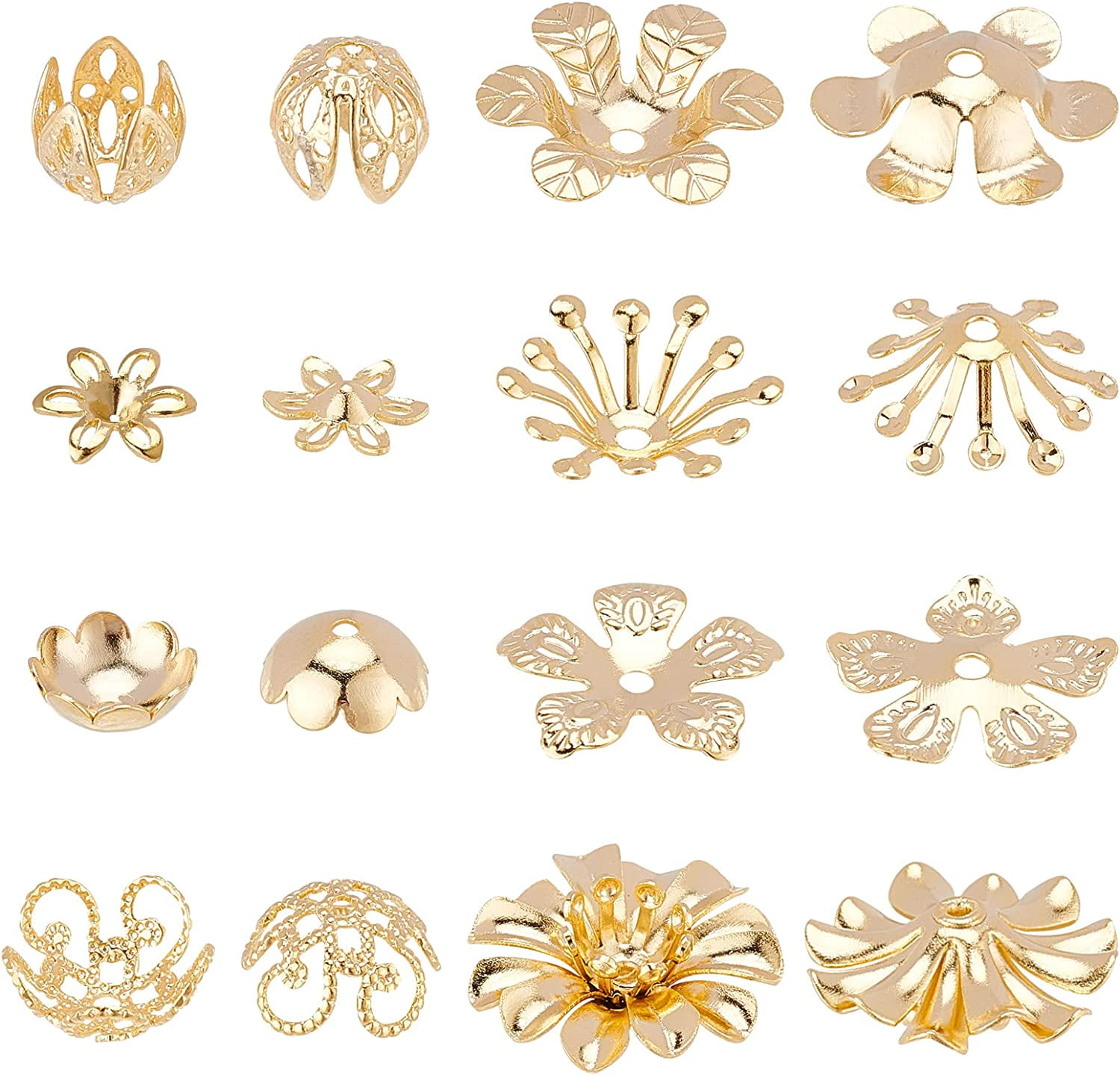 Bead Caps 48pcs 8 Styles Real 24K Gold Plated Brass Flower Shaped End ...