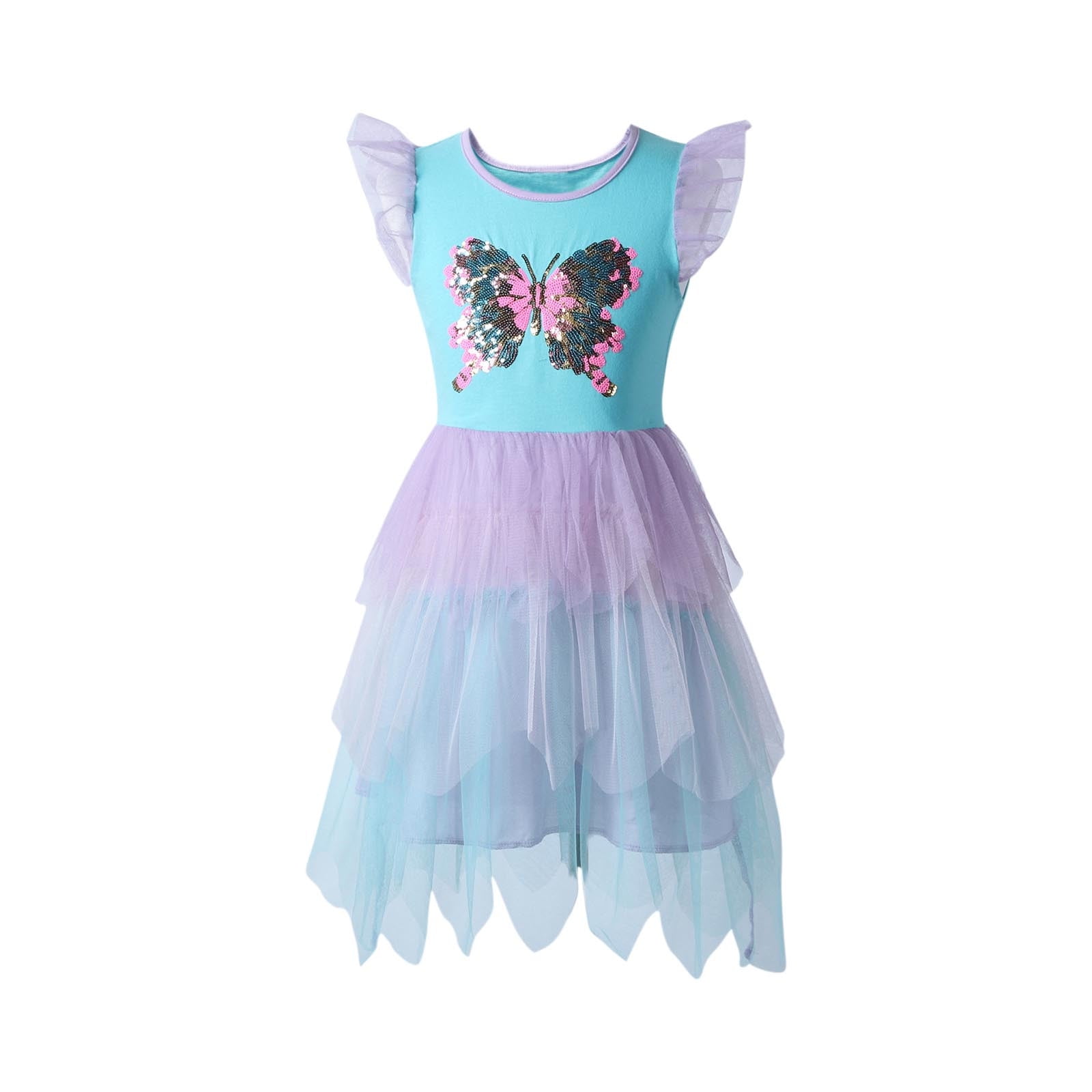 Bead Embroidered Mesh Dress for Girls, Small Flying Sleeve Round Neck ...
