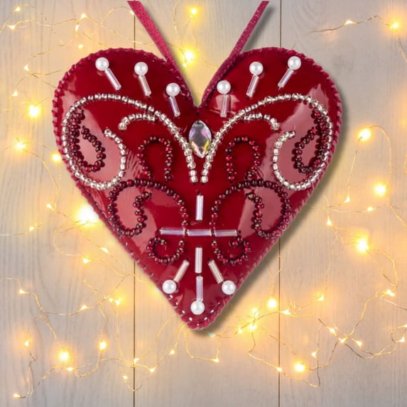 Bead embroidery kit on artificial leather Heart Christmas Ornament FLBB ...