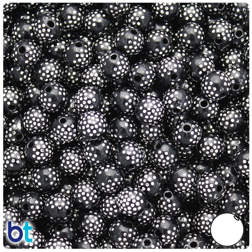 BeadTin Black Opaque 8mm Round Plastic Accent Beads - Silver Dots ...