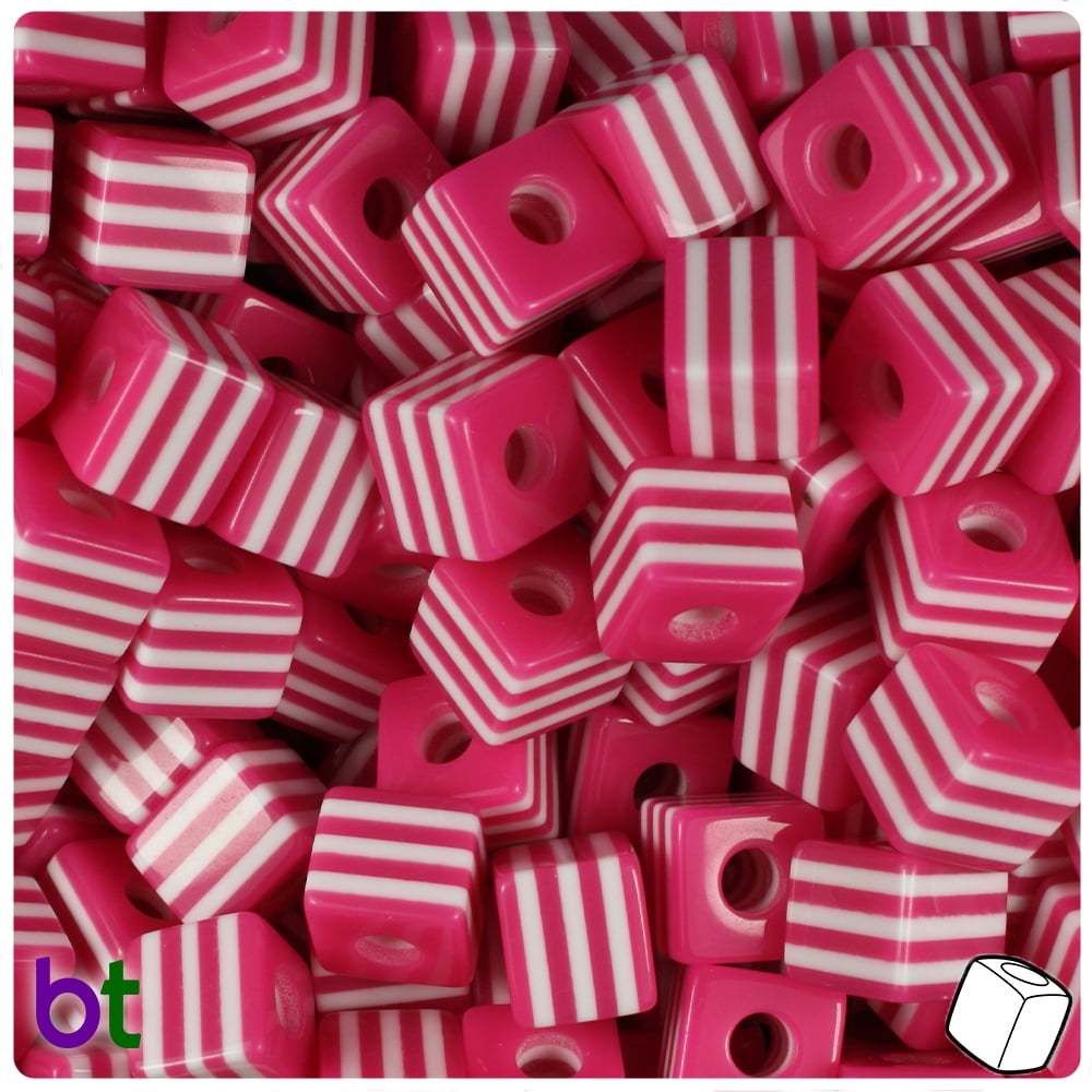 BeadTin Dark Pink & White Striped 10mm Cube Plastic Resin Beads (100pcs ...