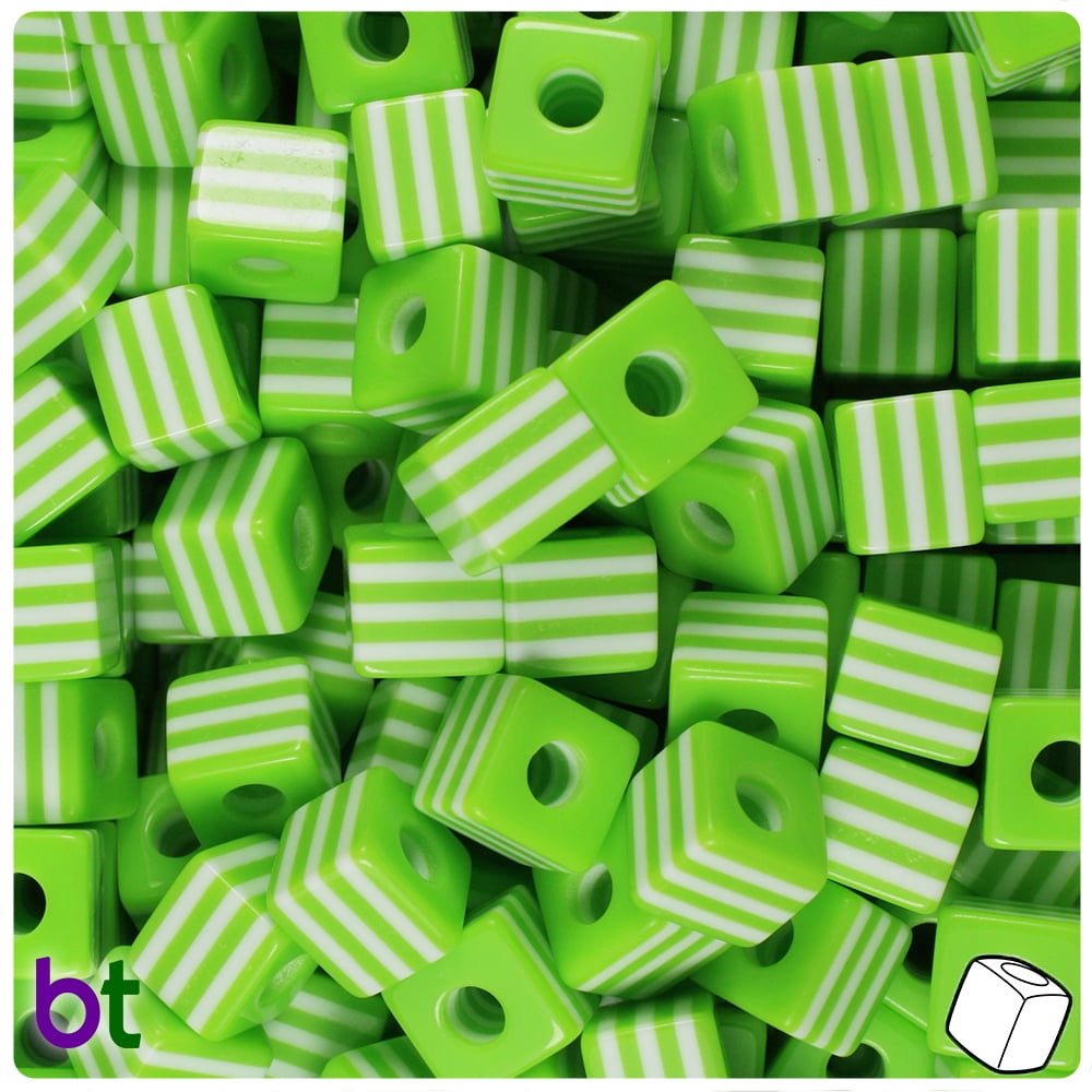 BeadTin Green & White Striped 10mm Cube Plastic Resin Beads (100pcs ...