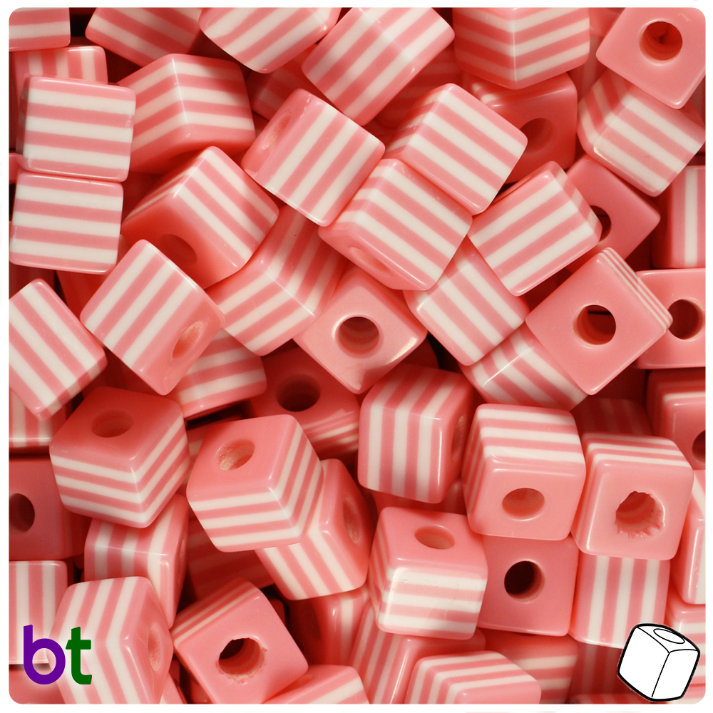 BeadTin Light Pink & White Striped 10mm Cube Plastic Resin Beads ...