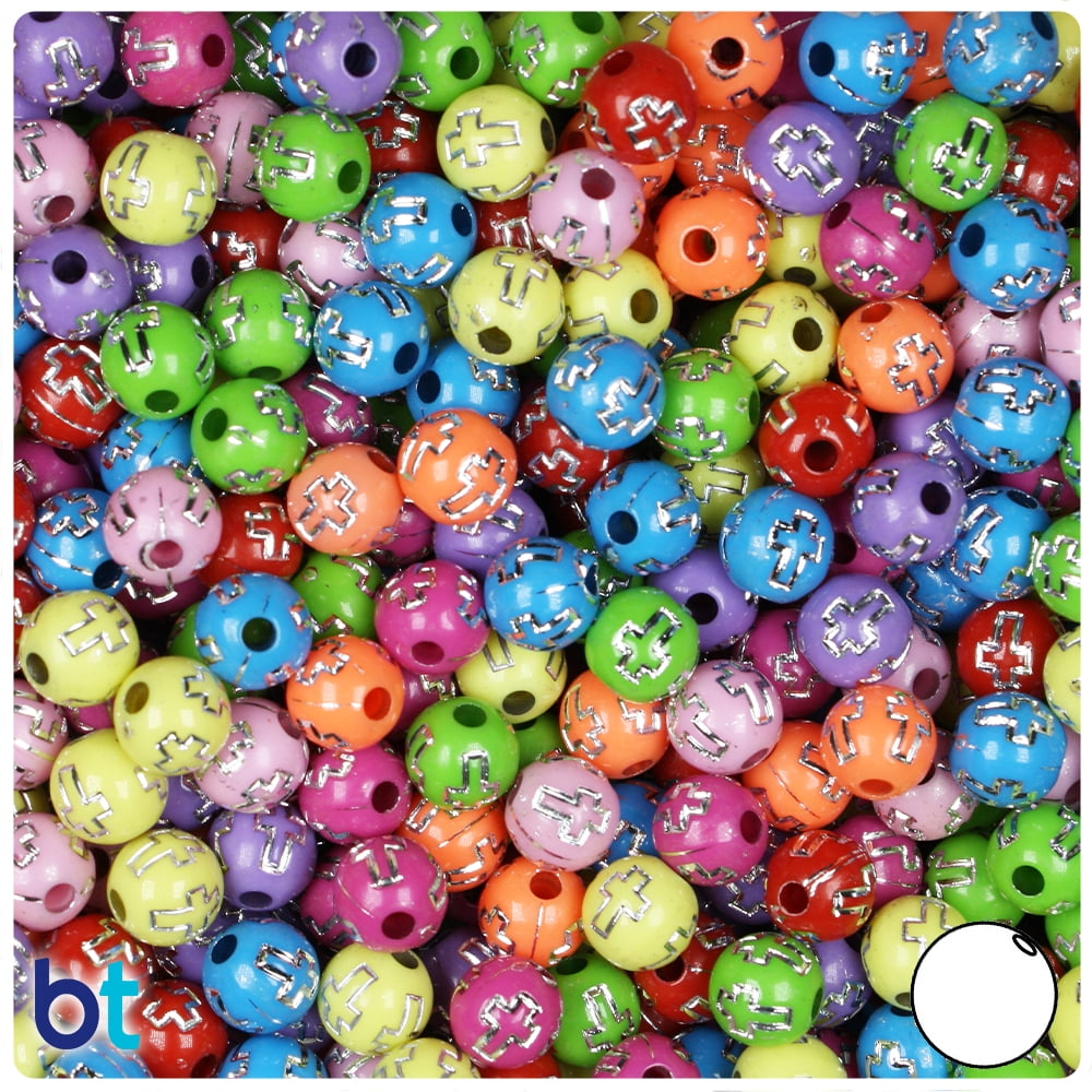 BeadTin Mixed Opaque 8mm Round Plastic Accent Beads - Silver Crosses ...