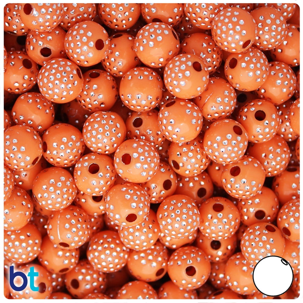 BeadTin Orange Opaque 10mm Round Plastic Accent Beads - Silver Dots ...