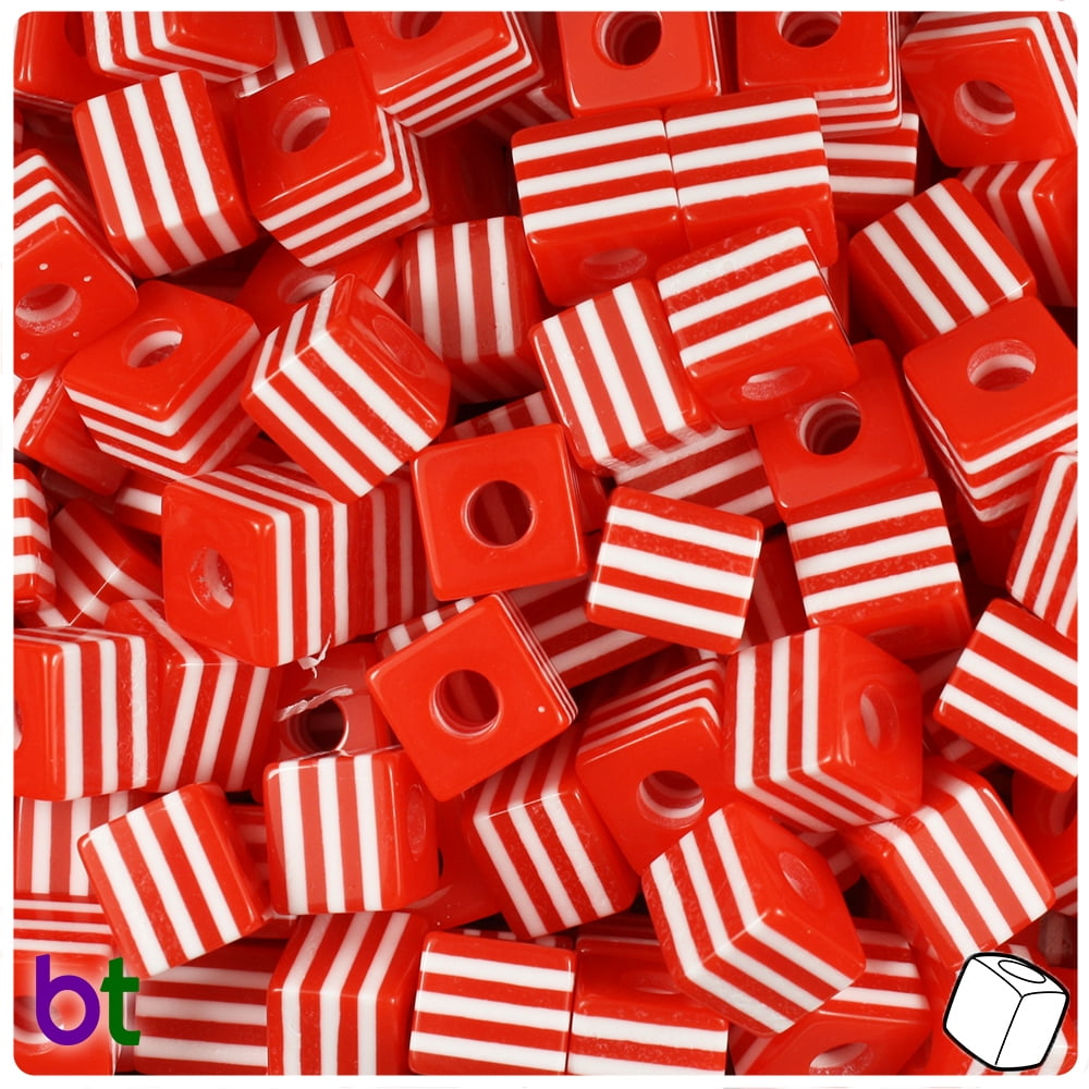 BeadTin Red & White Striped 10mm Cube Plastic Resin Beads (100pcs ...