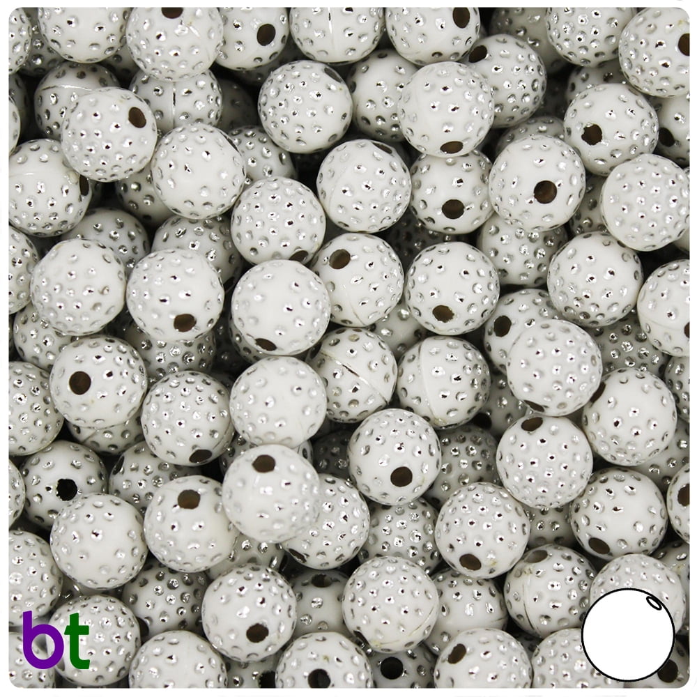 BeadTin White Opaque 10mm Round Plastic Accent Beads - Silver Dots ...
