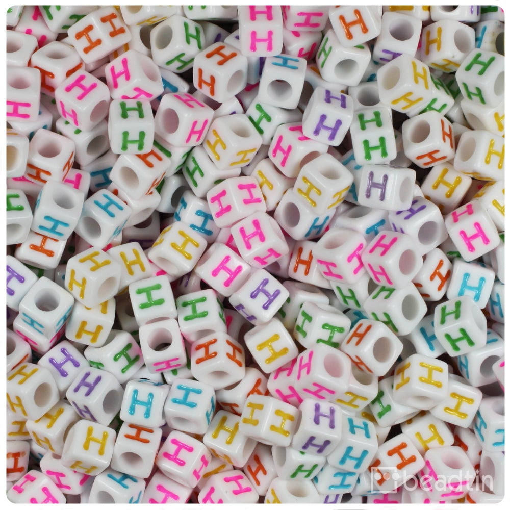 BeadTin White Opaque 6mm Cube Plastic Alpha Beads - Colored Letter H ...