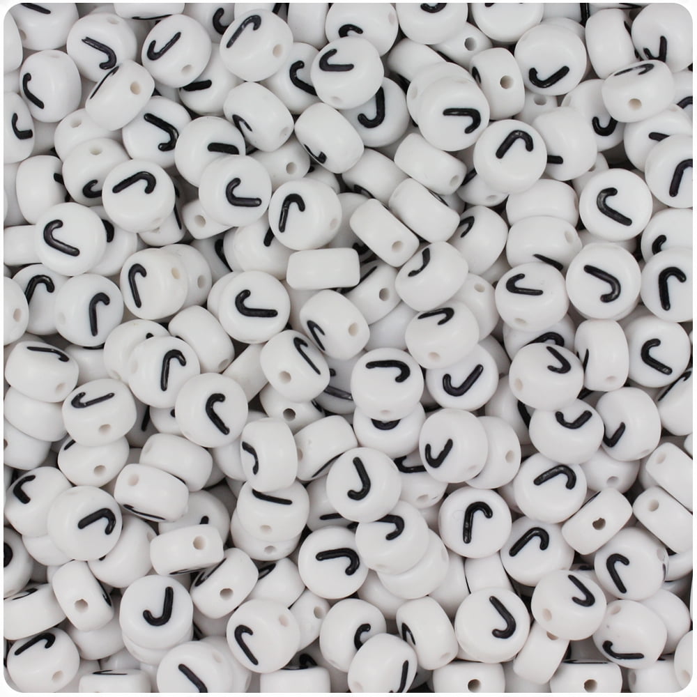 BeadTin White Opaque 7mm Coin Plastic Alpha Beads - Black Letter J ...