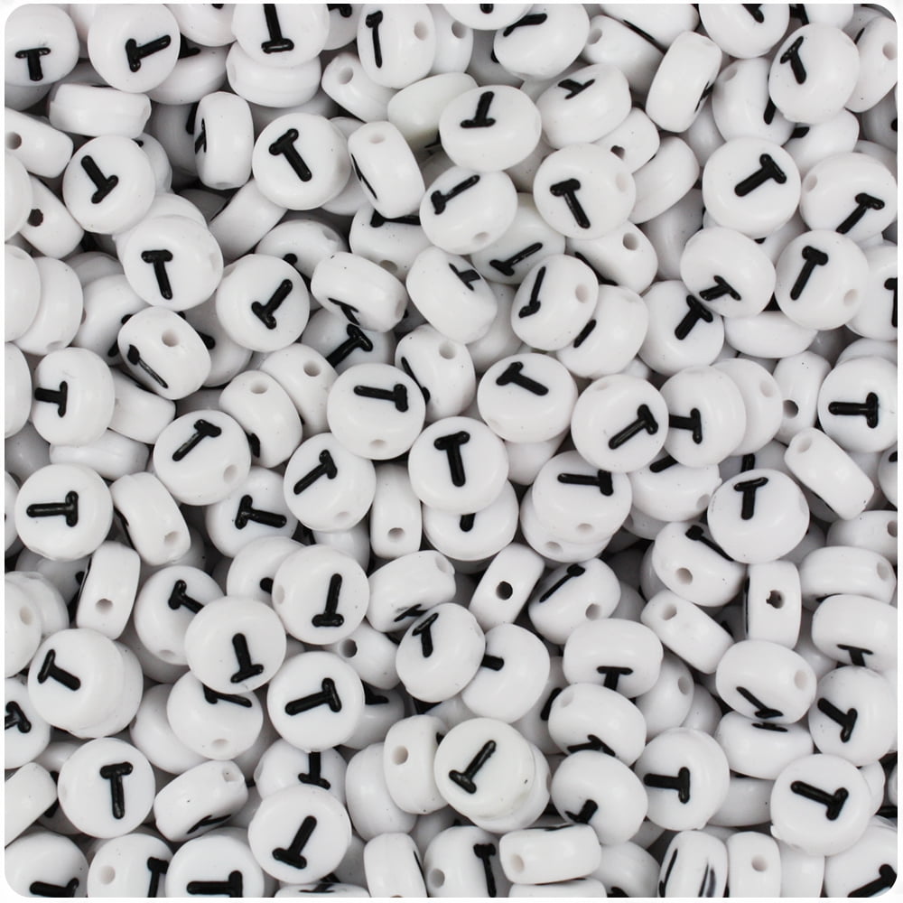 BeadTin White Opaque 7mm Coin Plastic Alpha Beads - Black Letter T ...