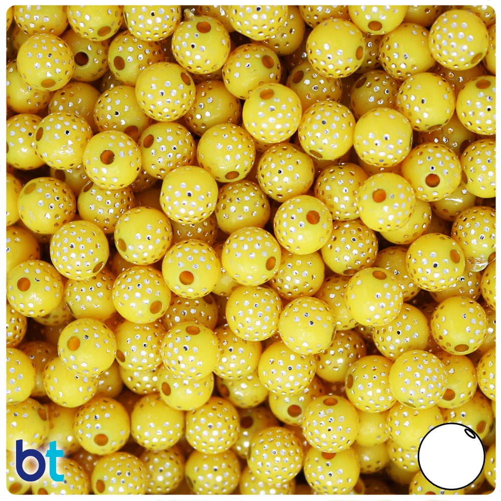 BeadTin Yellow Opaque 8mm Round Plastic Accent Beads - Silver Dots ...