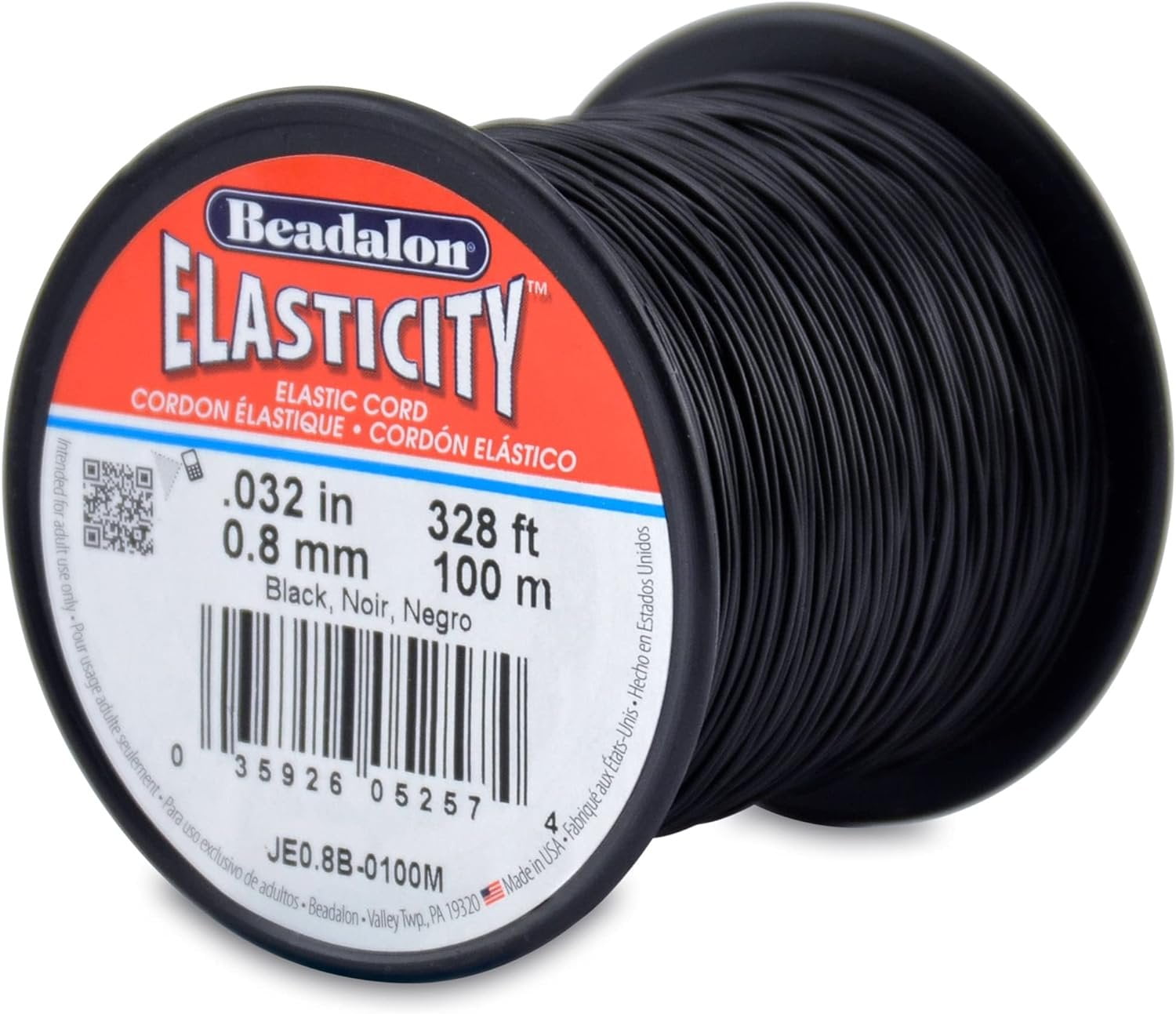 Beadalon Elasticity Stretch Cord, 0.8 mm / .032 in, Black, 100 m / 328 ...
