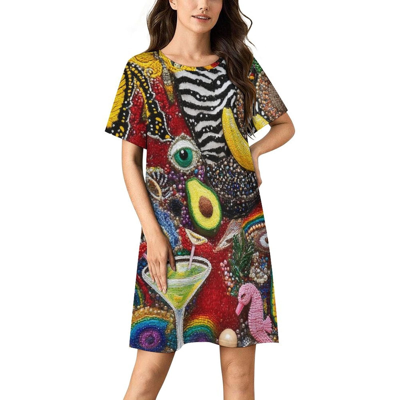 Beaded Art Vibrant Colorful Fun Women Nightgown Sleepwear Short Sleeves ...
