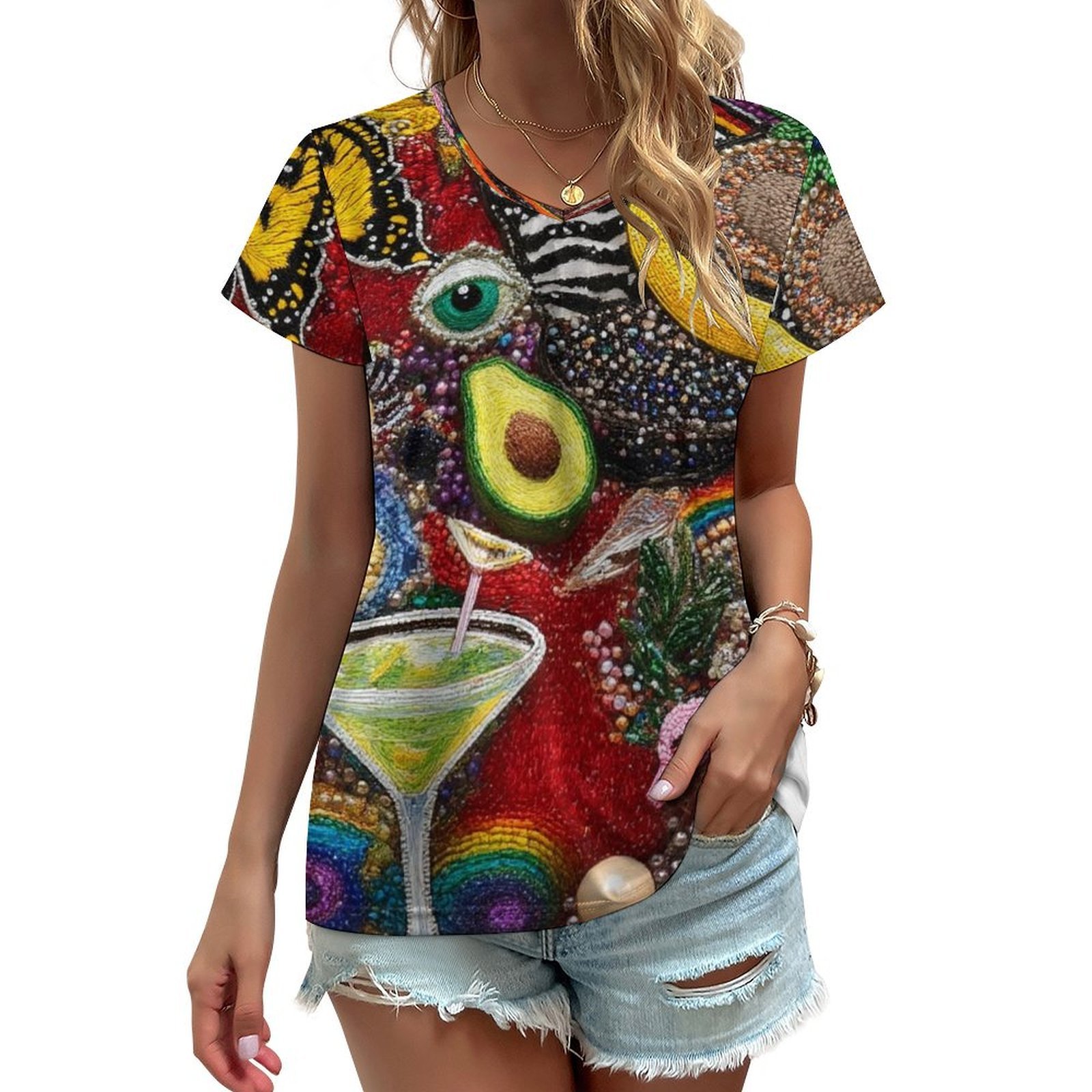 Beaded Art Vibrant Colorful Fun Women's Blouse Short Sleeve Women's Top ...