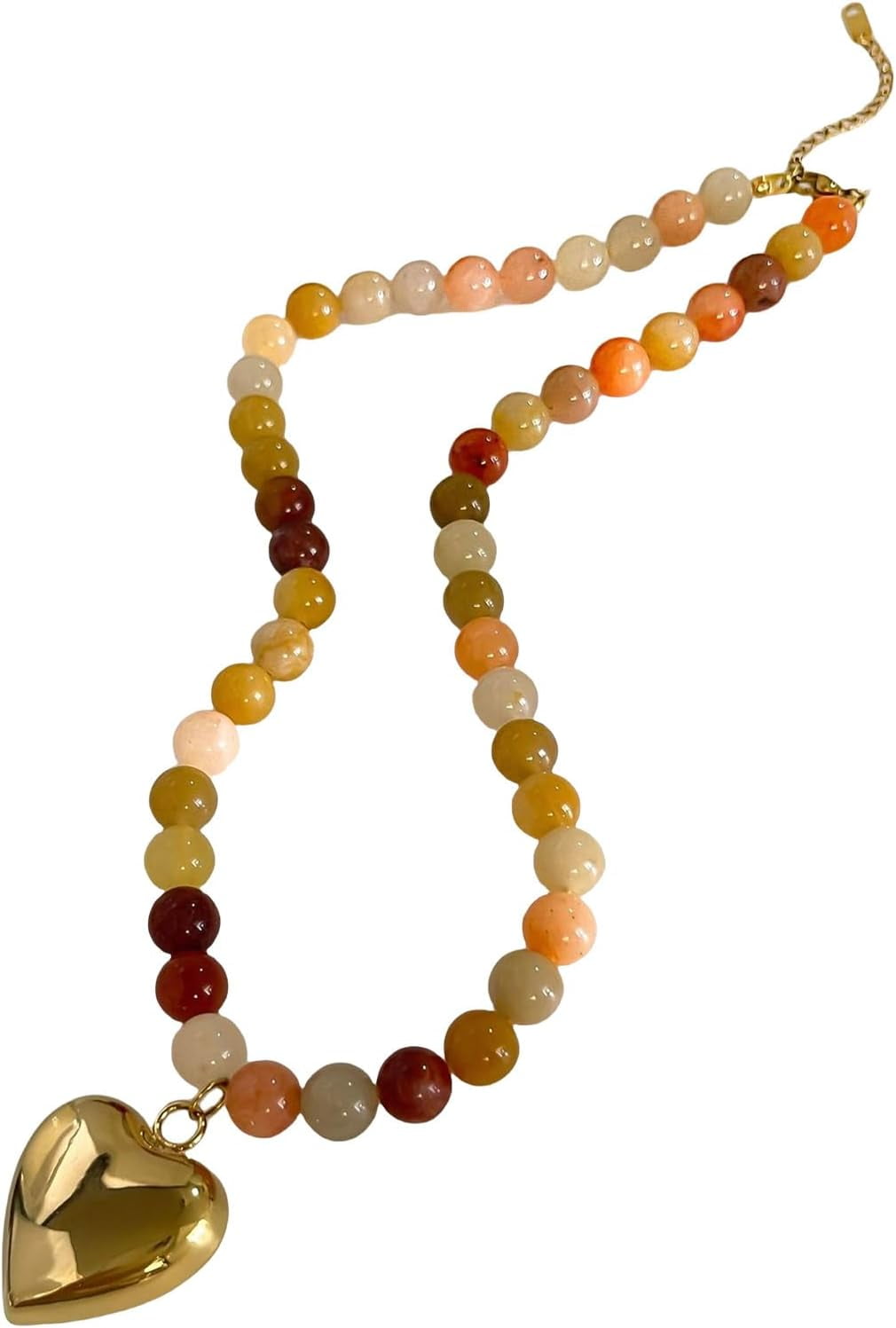 Beaded Chain Necklace Gold Plated Heart Pendant Colorful Stones ...