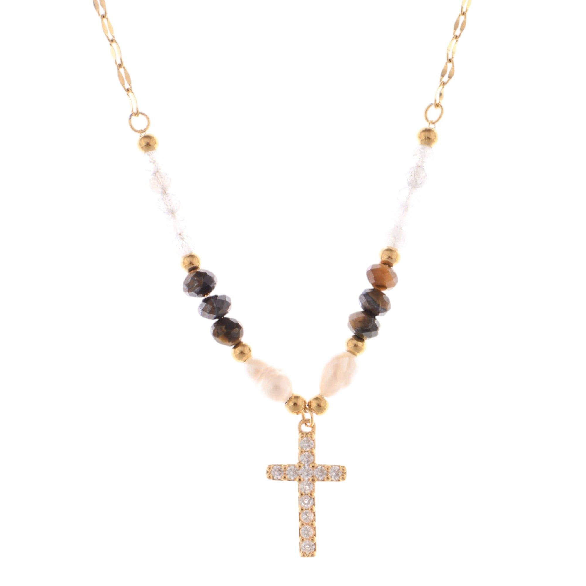 Beaded Cross Pendant Necklace with Faceted Stones and Gold Chain ...