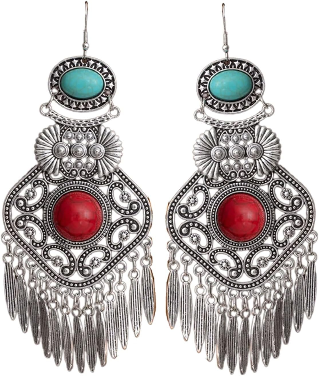Beaded Fringe Earrings Long Alloy Drops Turquoise Accent Tribal Jewelry ...
