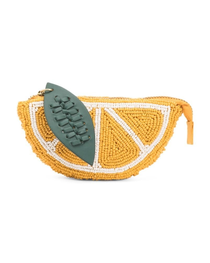 Beaded Lemon Coin Purse, Fruit Design, Yellow with Green Leaf, 5.75 x 3 ...