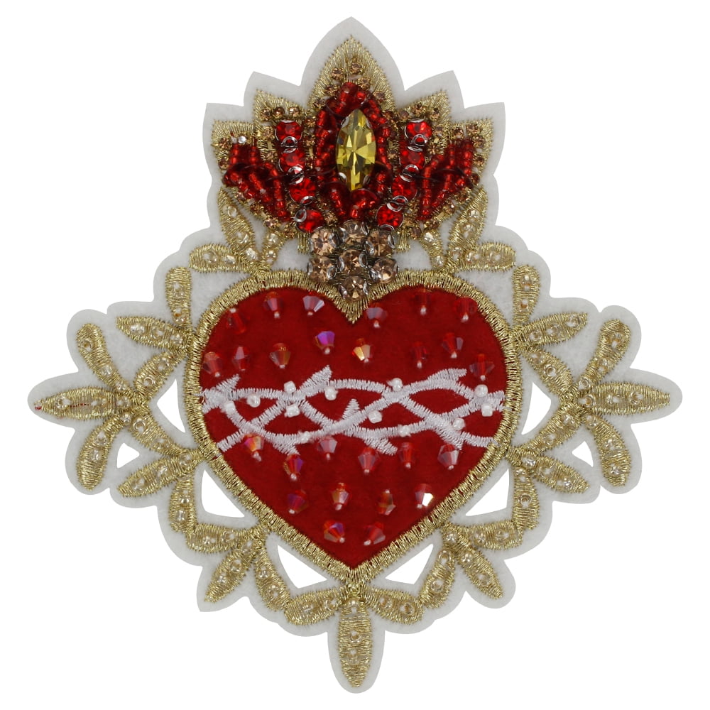Beaded Milagro Heart Patches Flaming Sacred Heart Applique Mexican Folk ...