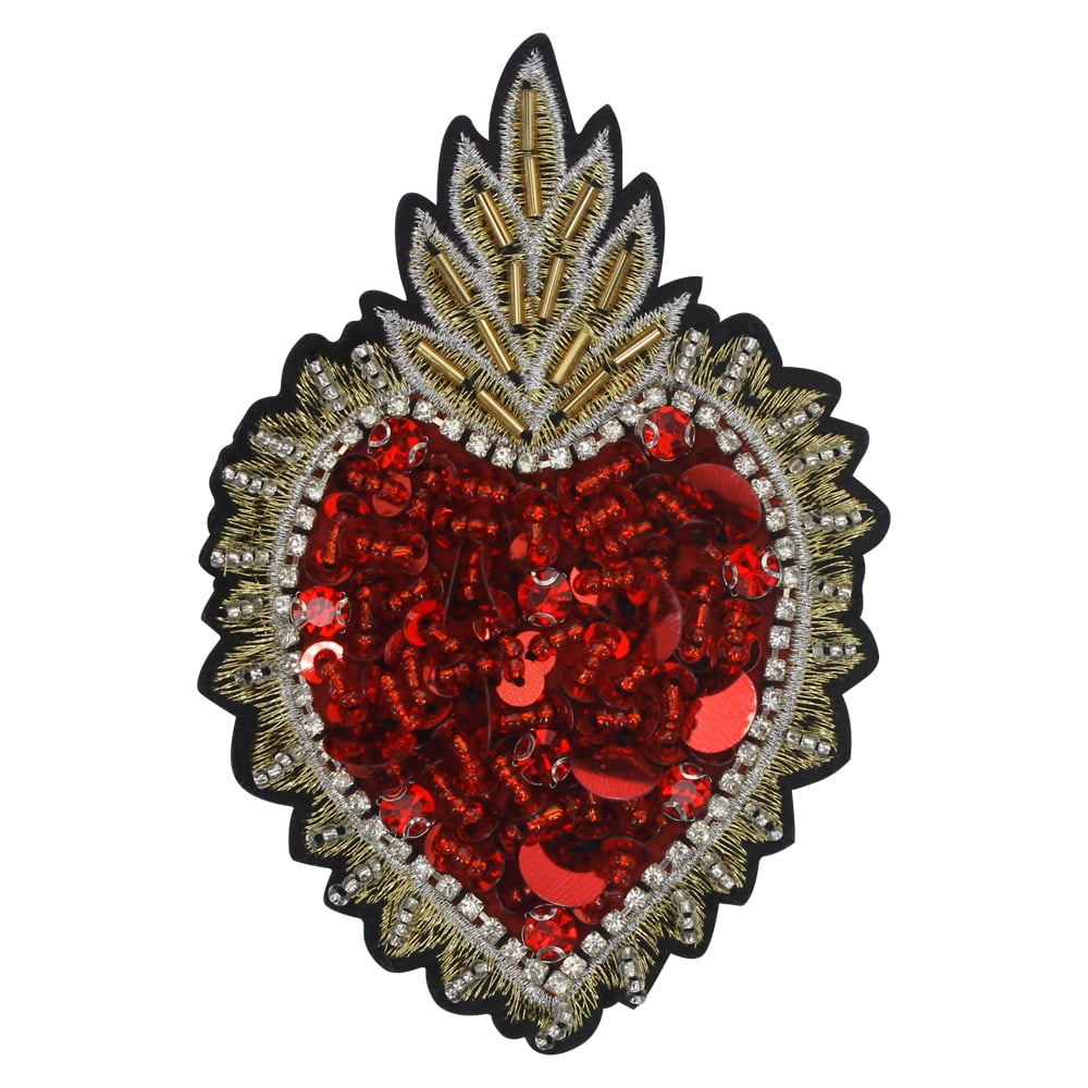 Beaded Milagro Heart Patches Flaming Sacred Heart Applique Mexican Folk ...