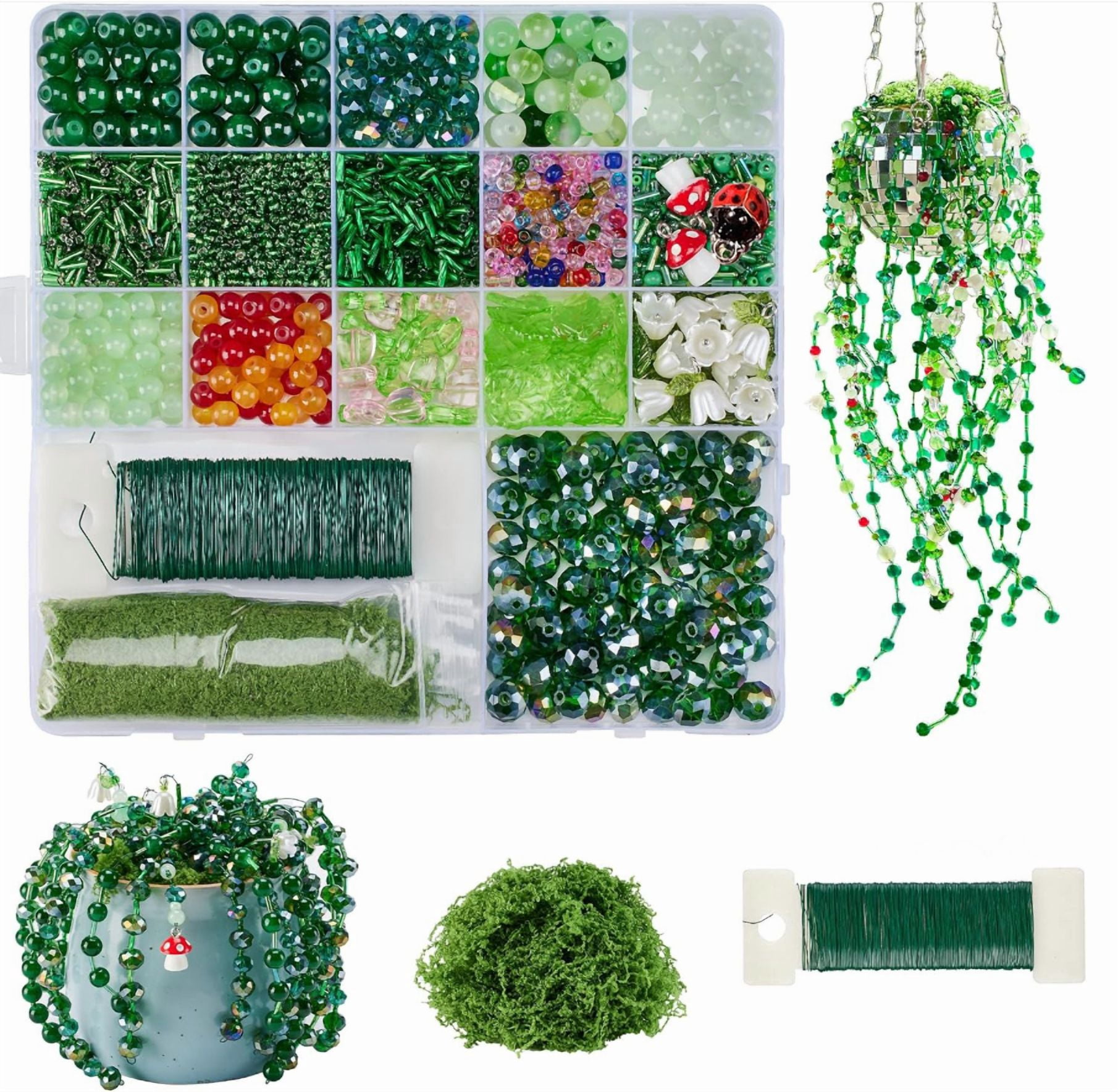 Beaded Plant Kit with Artificial Moss, Green Glass Beads for Beaded ...