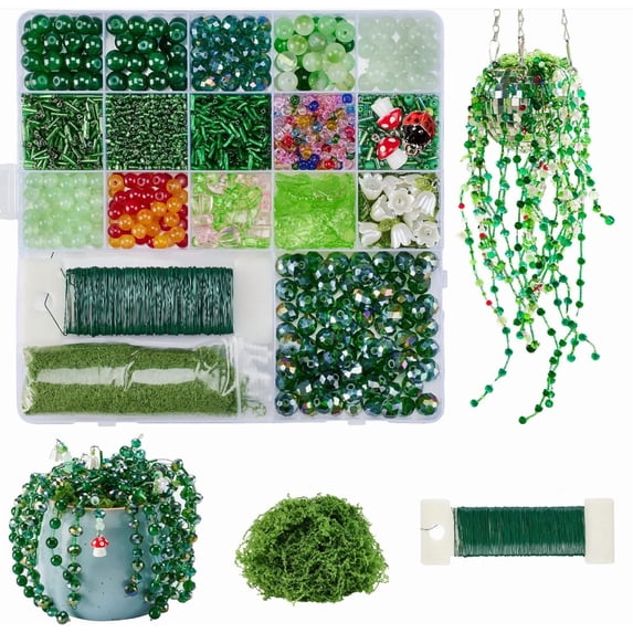 Beaded Plant Kit with Artificial Moss, Green Glass Beads for Beaded ...