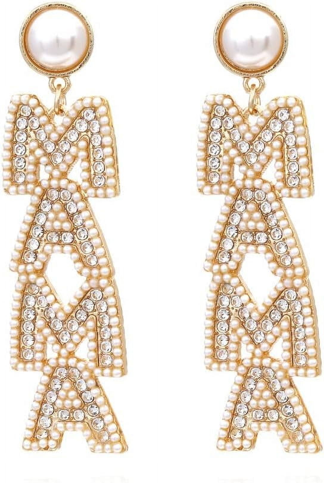 Beaded Rhinestone MAMA Letter Long Statement Earrings Mother's Day Gift ...