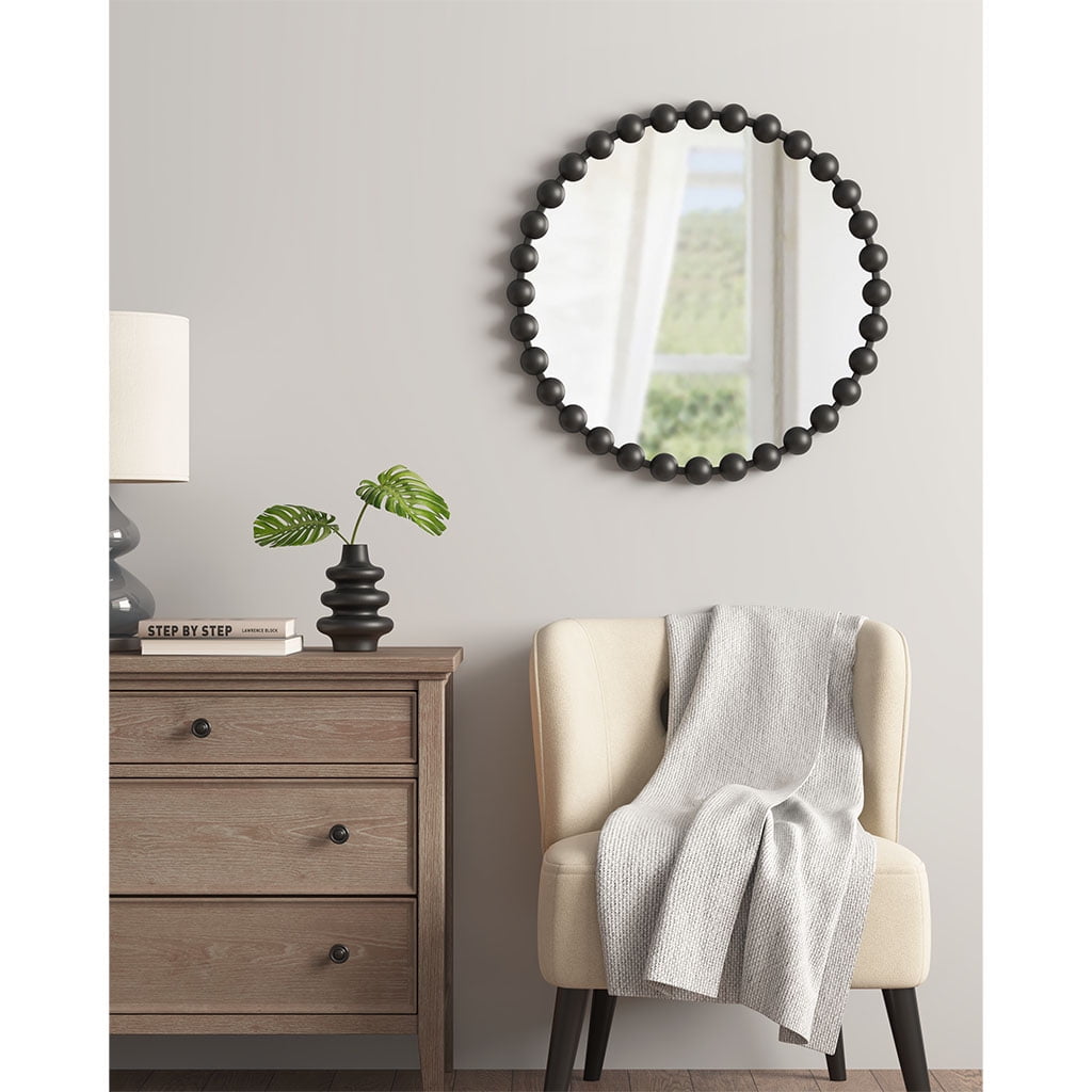 Beaded Round Wall Mirror 27"D,Black Mdf Household Supplies Décor Wall ...