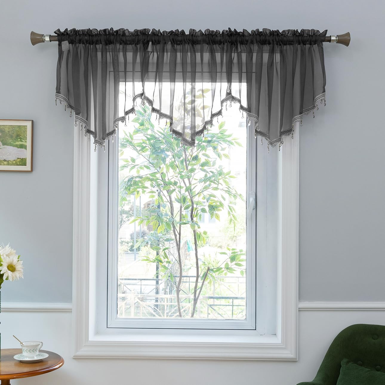 Beaded Sheer Triangle Valance Curtains, Rod Pocket Farmhouse Window ...