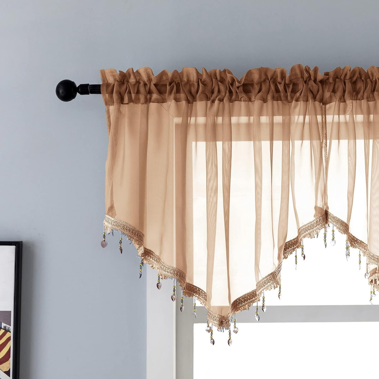 Beaded Triangle Sheer Valance Curtains for Living Room,Rod Pocket ...