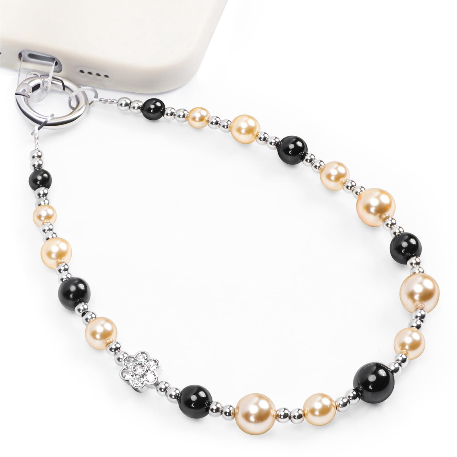 Beaded Wrist Phone Strap Black Gold Anti-Theft Detachable Wristlet ...