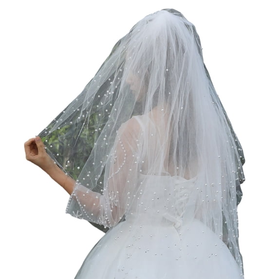 Beadwork Pearls Short Bridal Veil Tulle Wedding Veil Head Accessory for ...