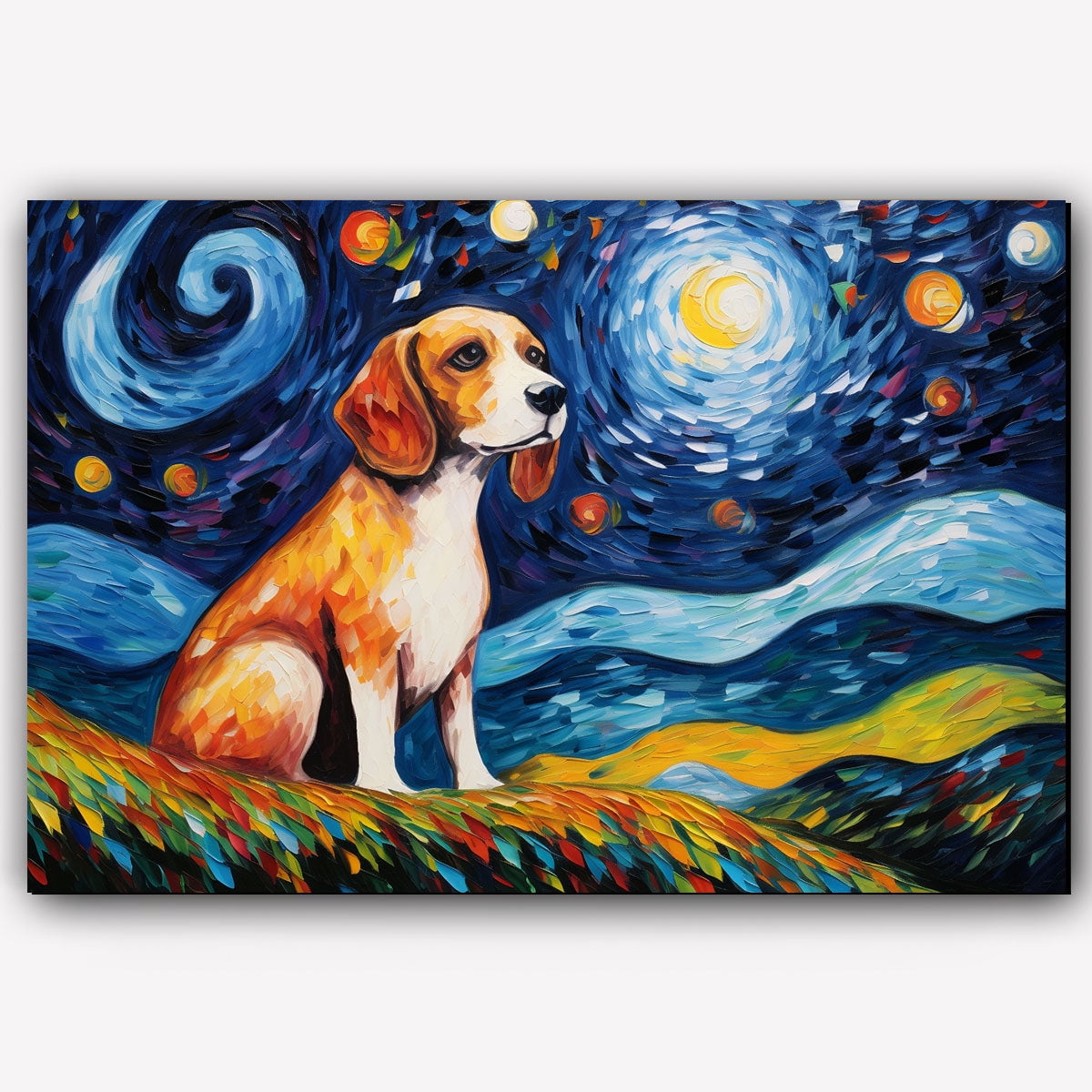 Beagle Canvas Wall Art with Starry Night Van Gogh Painting Pictures ...