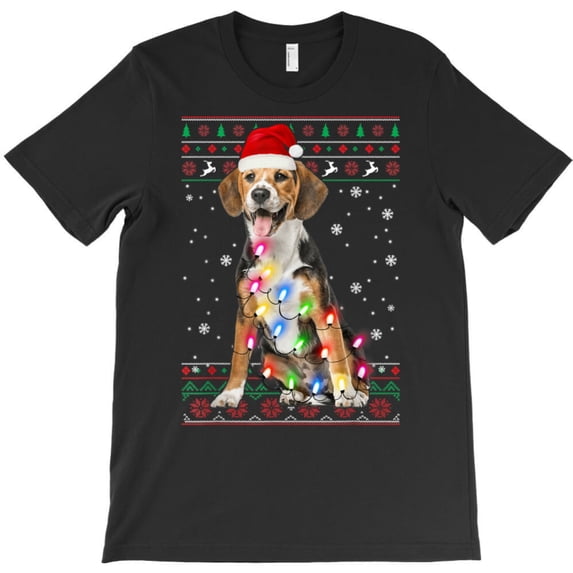 Beagle Christmas Sweater Funny Tree Lights Holiday Dog Graphic T-Shirt ...