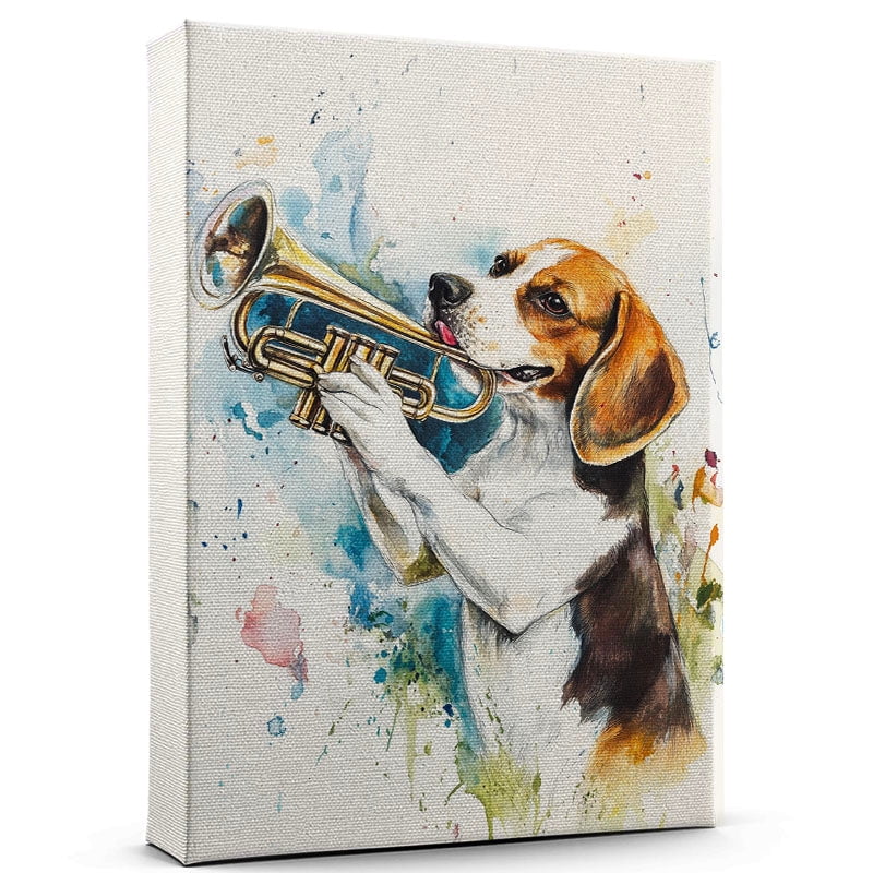 Beagle Dog Canvas Trumpet Stretched Canvas Size 8x12 – Funny Beagle Dog ...