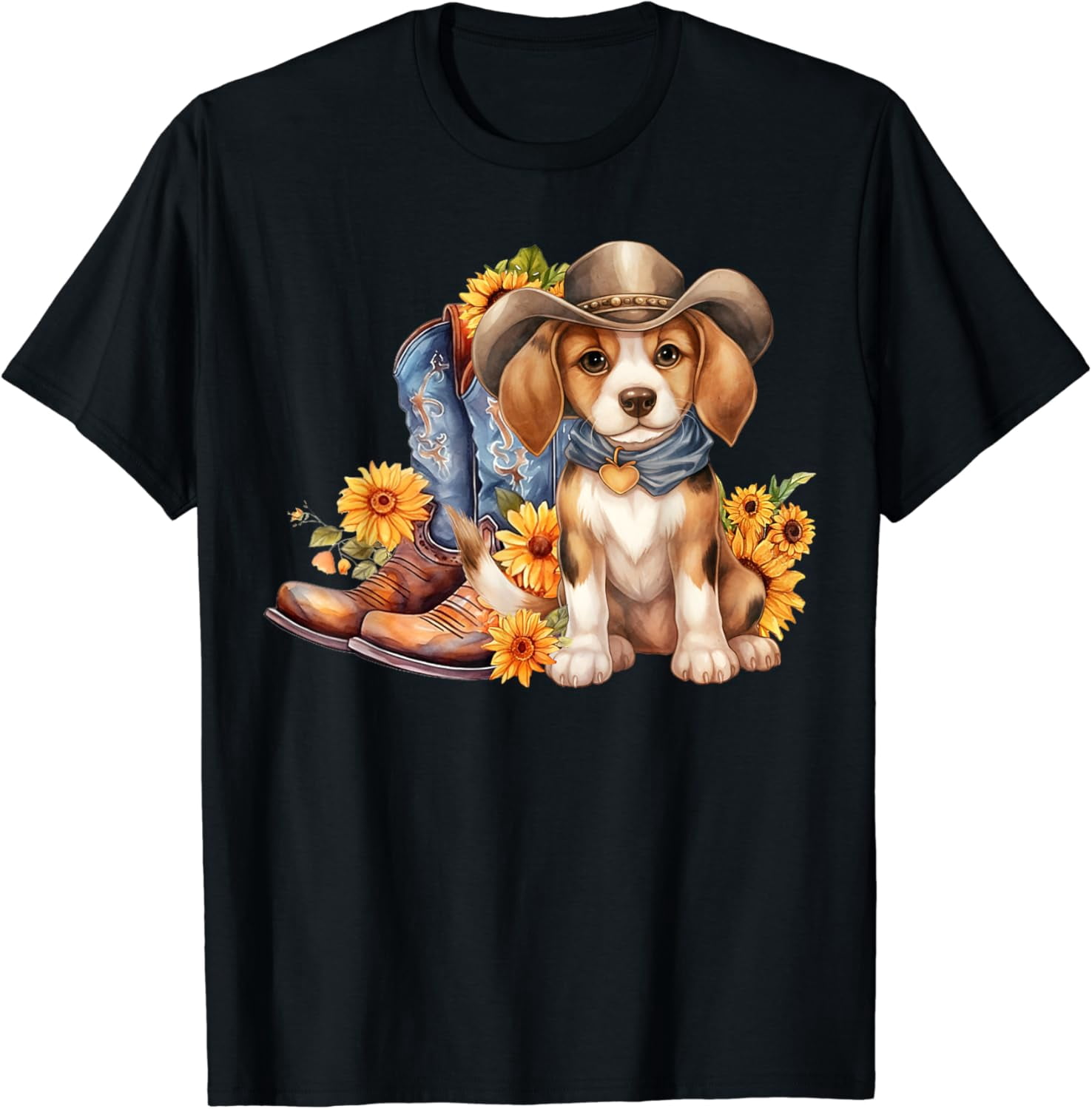 Beagle Dog Cowgirl Boots Cowboy Hat Sunflower Summer Canine Vibe T ...
