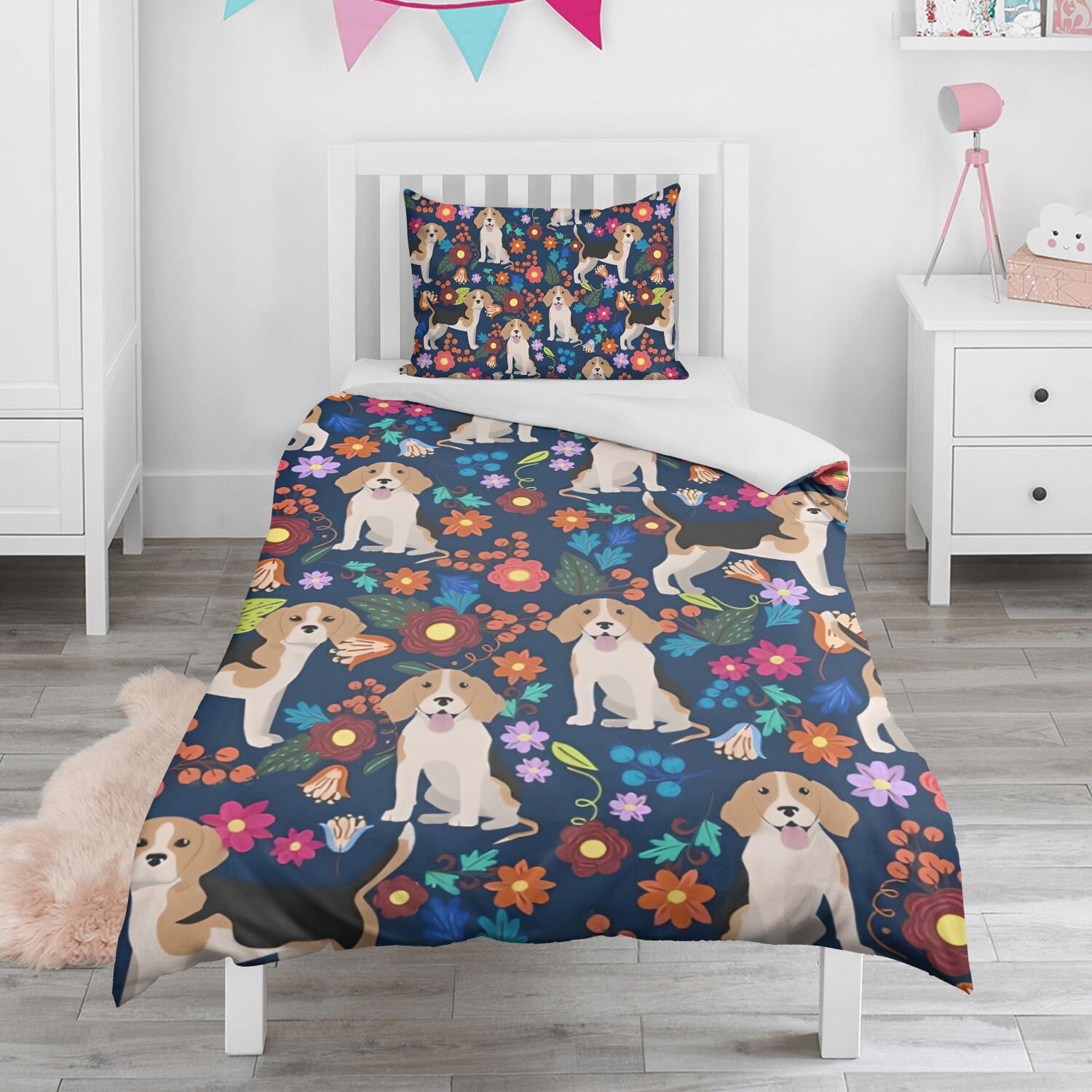 Beagle Dog Dog and Flower Duvet Cover and Pillowcase Set for Single Bedding, Bedroom Accessories ...