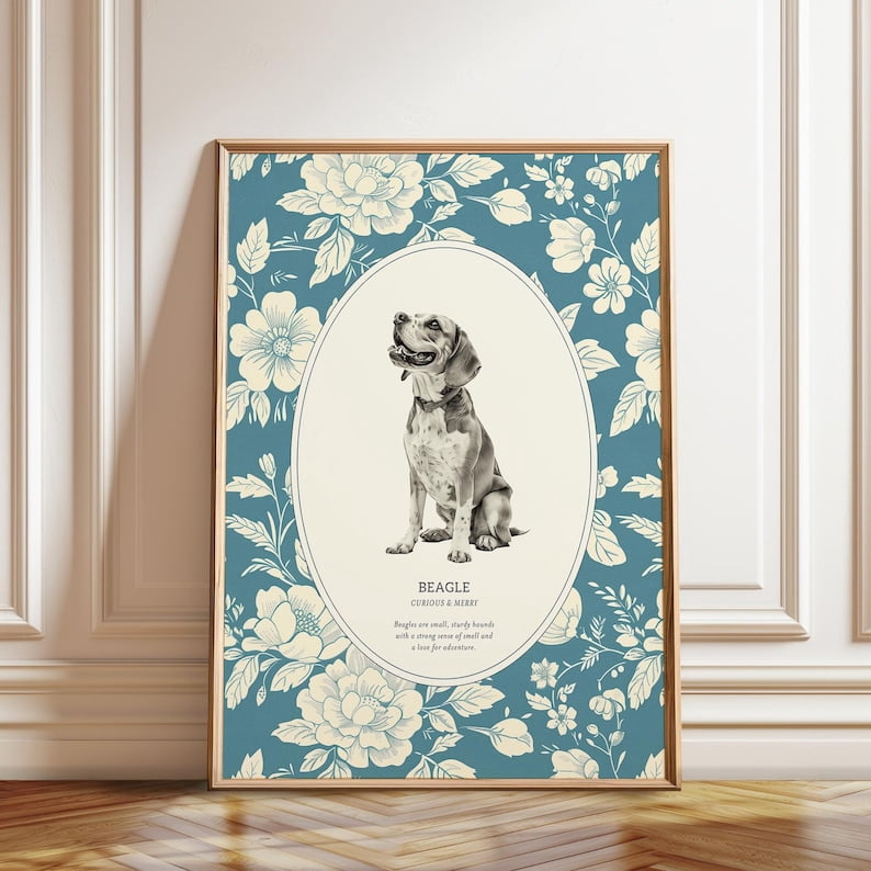 Beagle Dog Floral Portrait Poster - Cheerful Pet Canine Wall Art ...