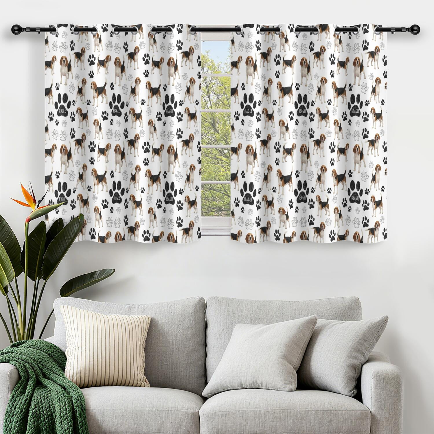 Beagle and Dog Paw Print White Pattern Blackout Curtains,Triple Weaved ...
