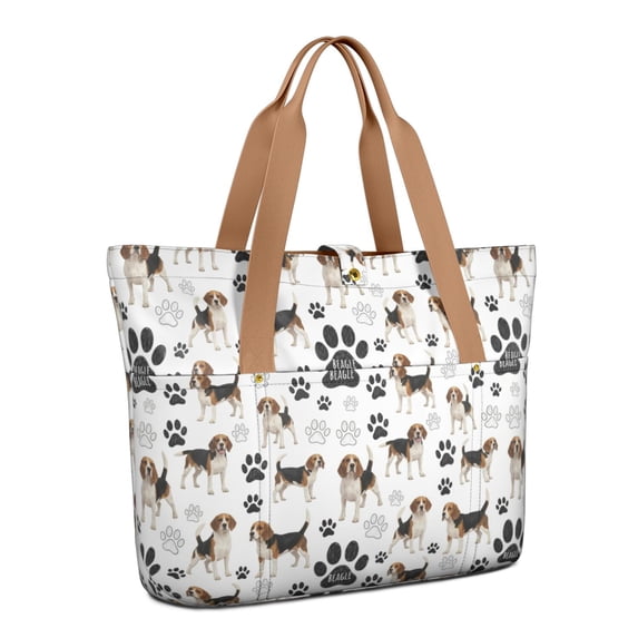 Beagle and Dog Paw Print White Pattern Large Tote Bag for Women ...