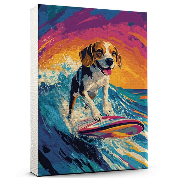 Beagle Dog Playing Surfboard Stretched Canvas Size 8x12 – Vintage Style ...