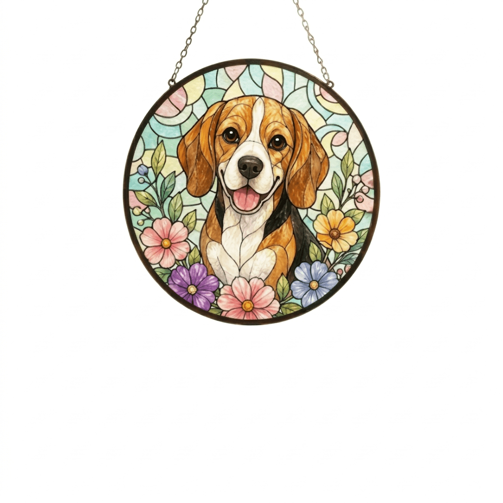 Beagle Dog Stained Glass Suncatcher Window Hanging, Floral Dog Memorial ...