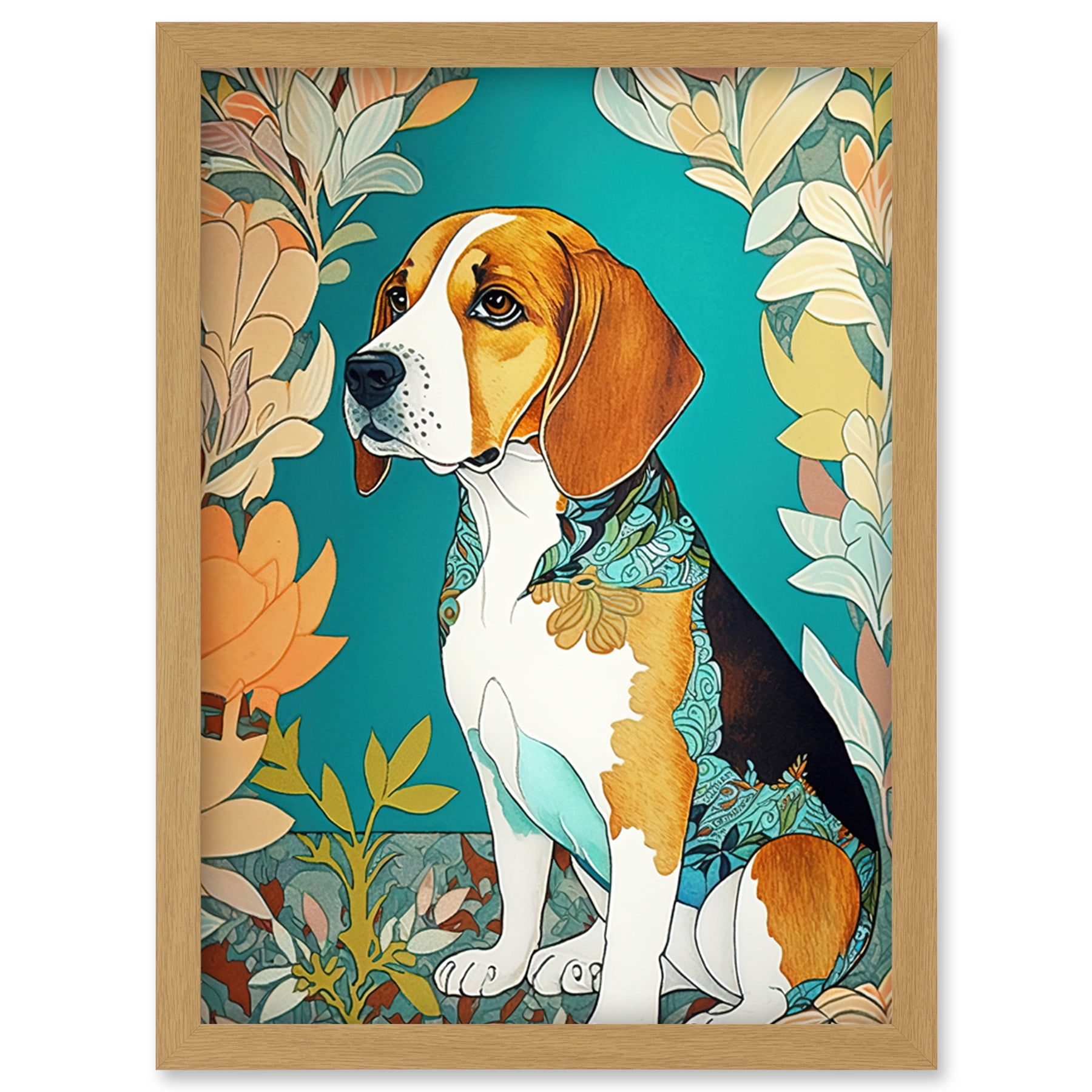 Beagle Dog With Floral Frame and Ornate Fur Coat Colourful Modern Art ...