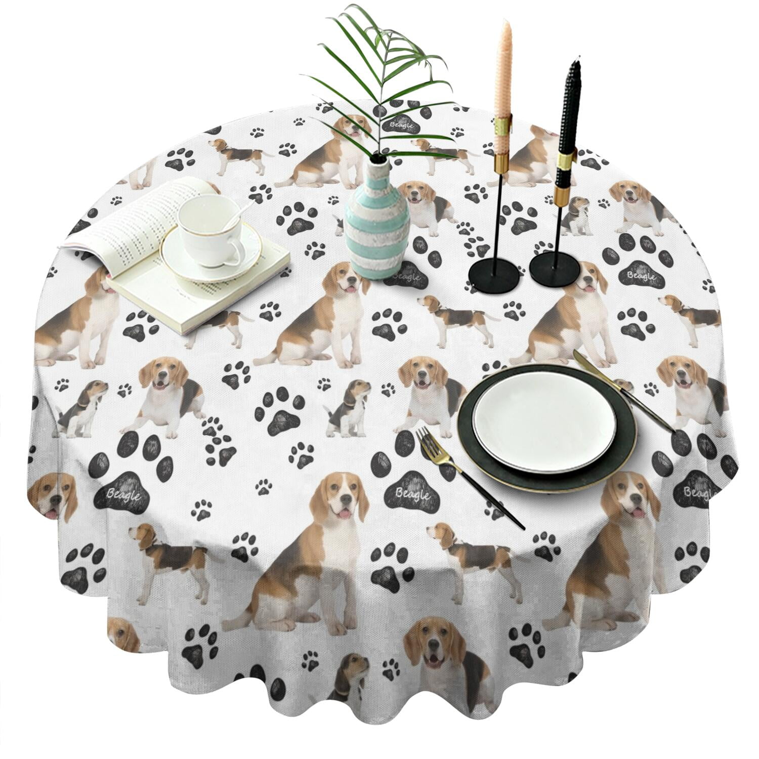 Beagle Dog and Footprints Round Tablecloth 60"x60",Wrinkle Wipeable ...