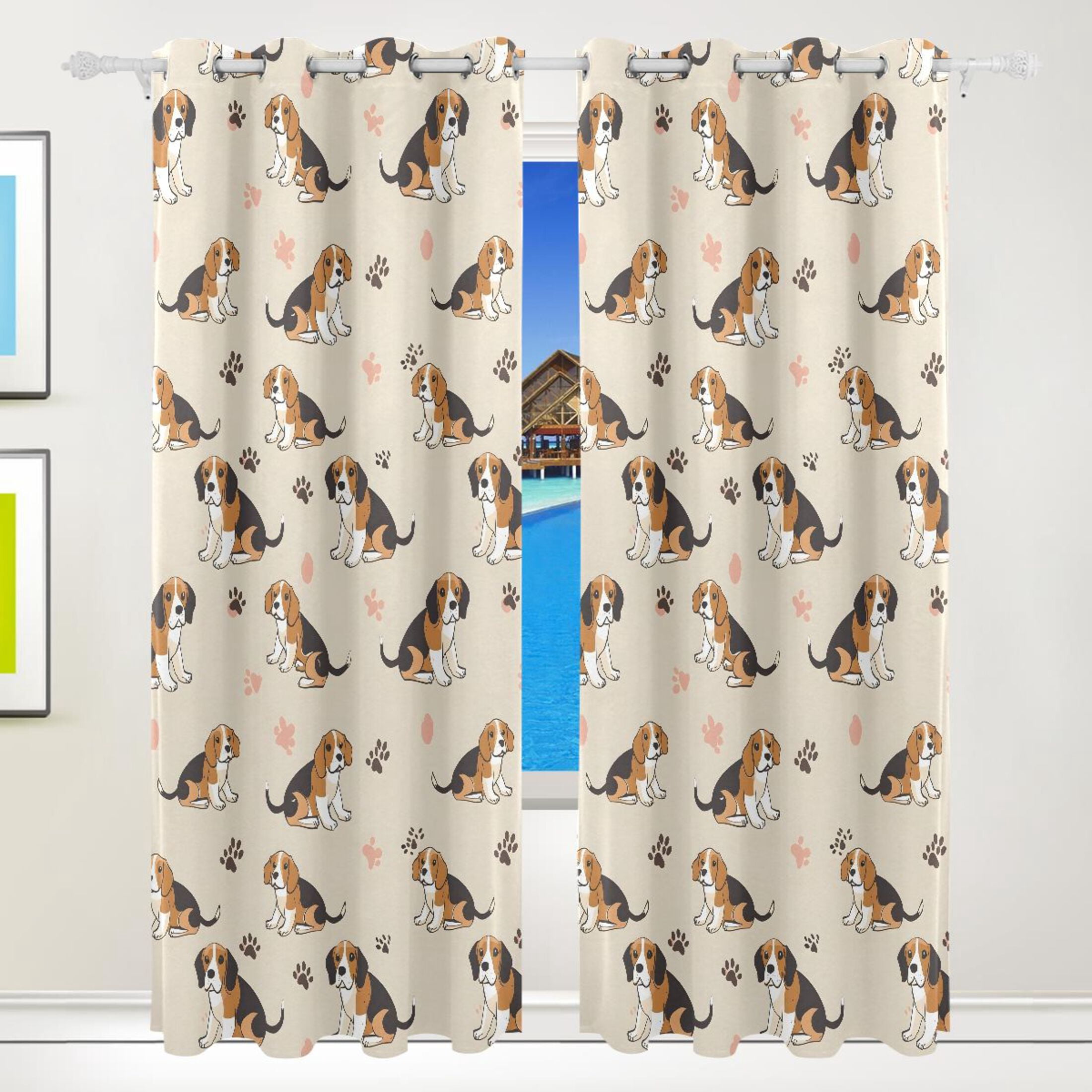Beagle Dog and Paw Blackout Curtains 84 inch Length 2 Panels Grommet ...