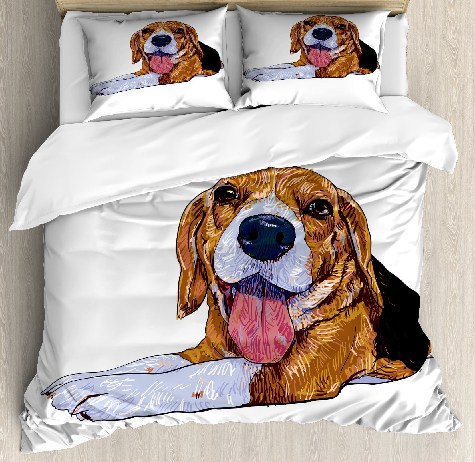 Beagle Duvet Cover Set, Close Up of a Friendly Dog Tongue Out Sketch of ...