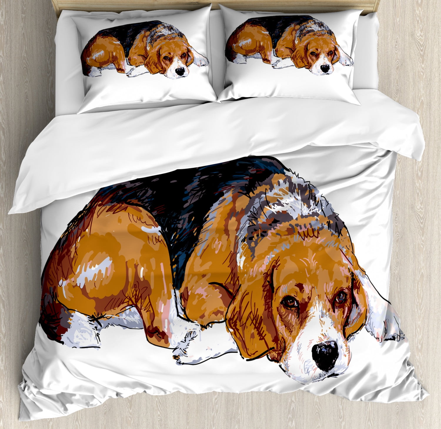 Beagle Duvet Cover Set King Size, Sketch Like Drawing of Dog Animal ...