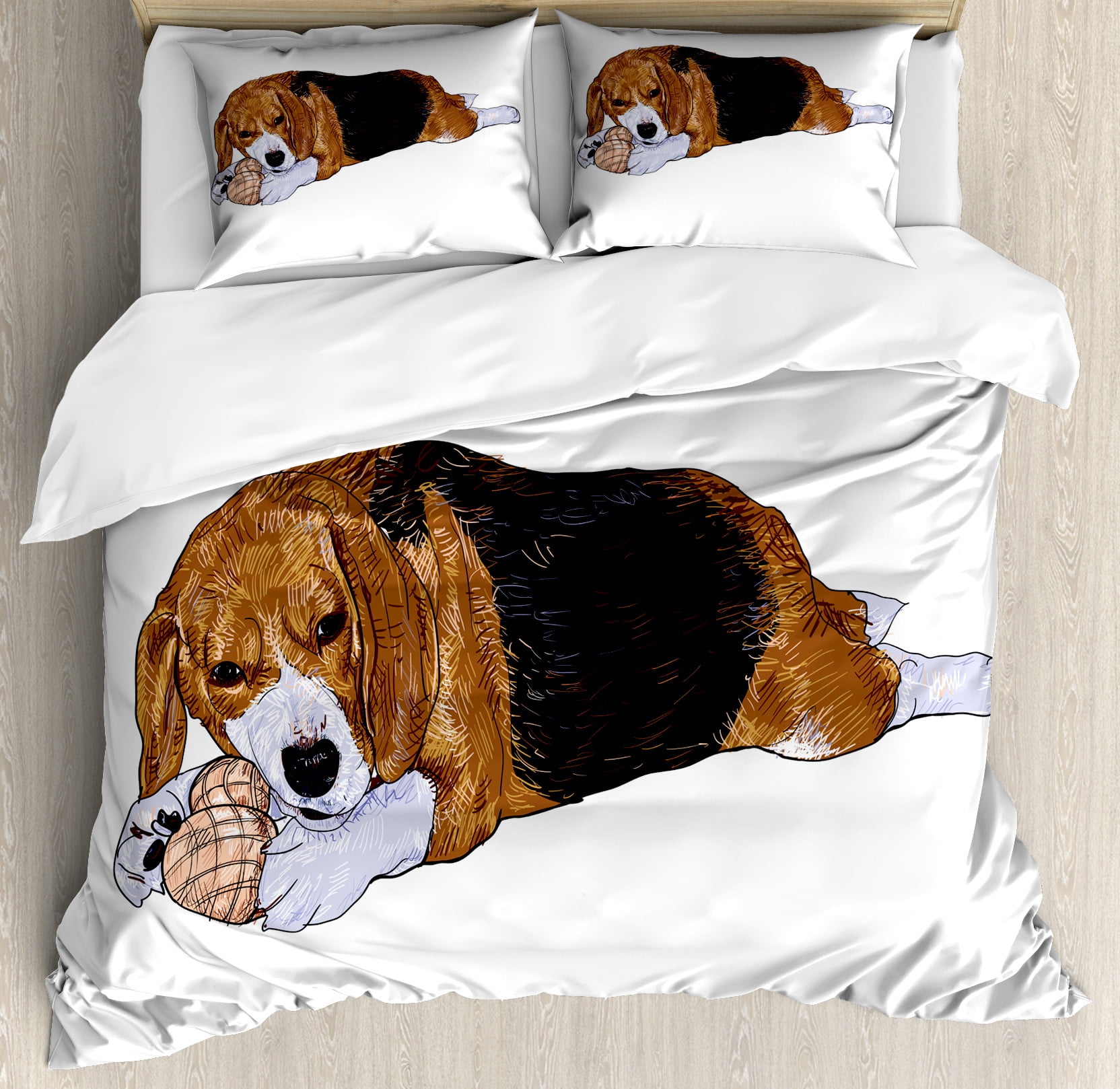 Beagle Duvet Cover Set, Modern Style Cartoon Dog with Play Time Animal ...