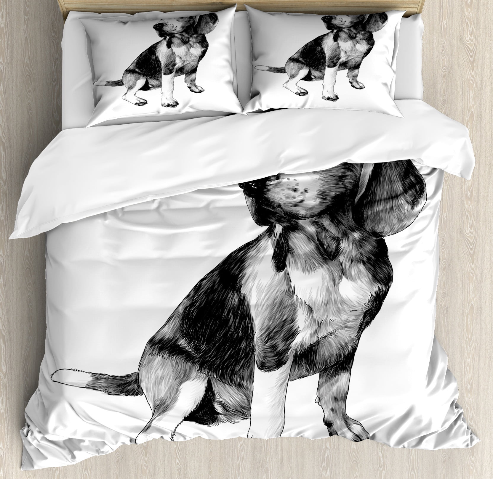 Beagle Duvet Cover Set, Monochrome Sketch of Dog Friend Breed Motifs ...