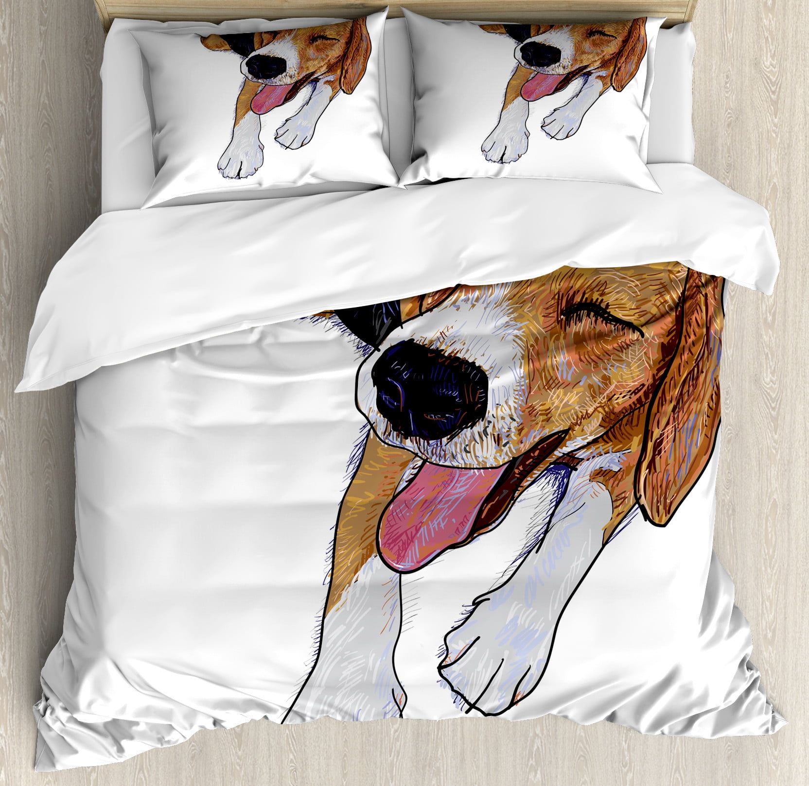 Beagle Duvet Cover Set, Sketch of Smiling Resting Dog Animal on Plain ...